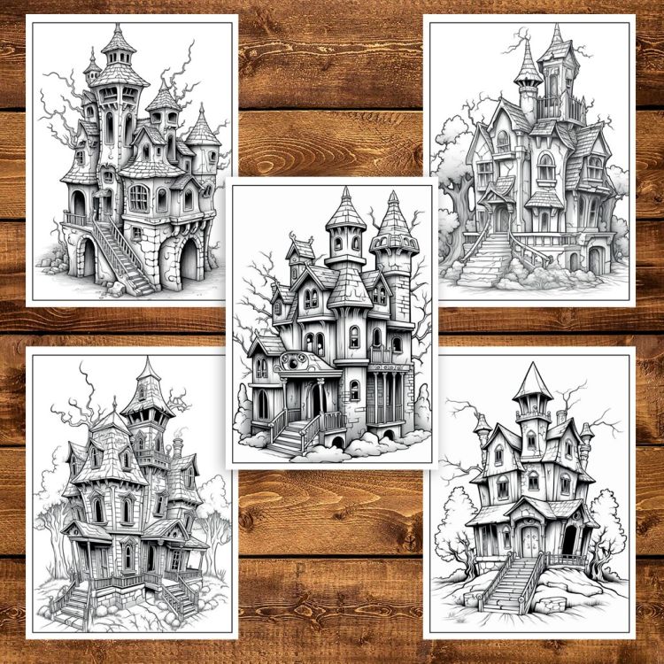 Carte de colorat pentru adulti, 50 de ilustratii, Case bantuite