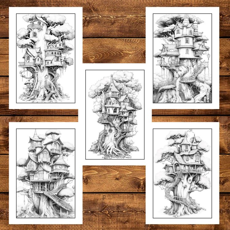 Carte de colorat pentru adulti, 50 de ilustratii, Case in copac