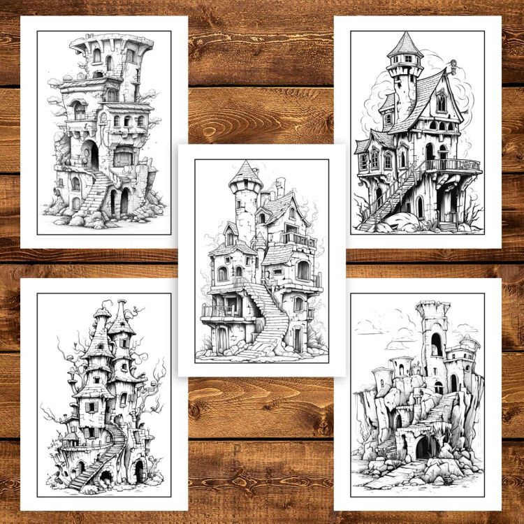 Carte de colorat pentru adulti, 50 de ilustratii, Case in ruine