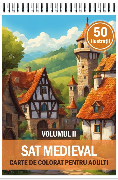 Carte de colorat cu 50 de ilustratii, Sat Medieval, Volumul 2