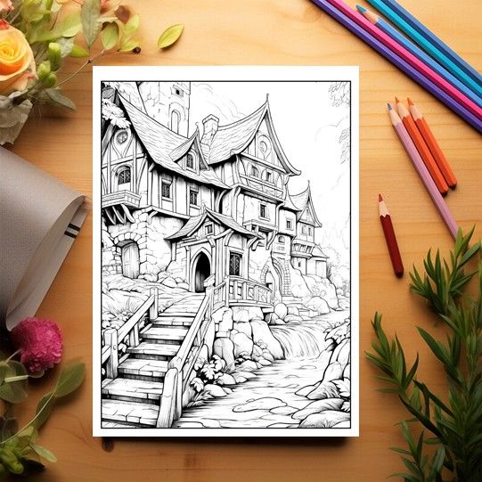 Carte de colorat cu 50 de ilustratii, Sat Medieval, Volumul 2