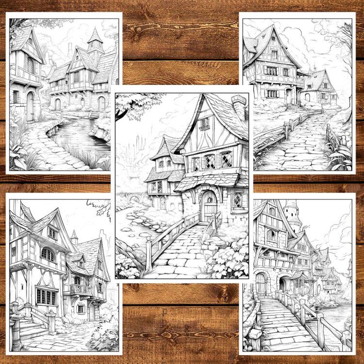 Carte de colorat cu 50 de ilustratii, Sat Medieval, Volumul 2