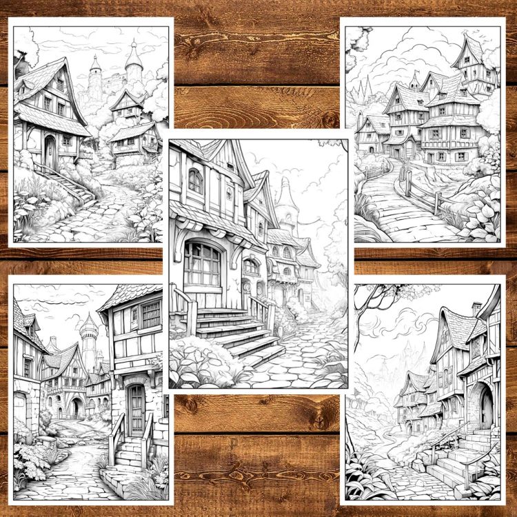 Carte de colorat cu 50 de ilustratii, Sat Medieval, Volumul 2